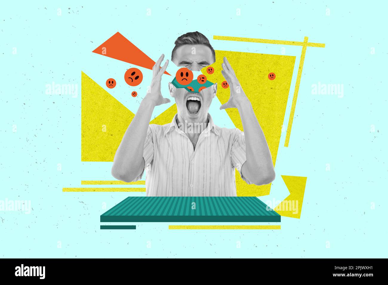 Collage portrait of unsatisfied outraged black white colors guy yell ...