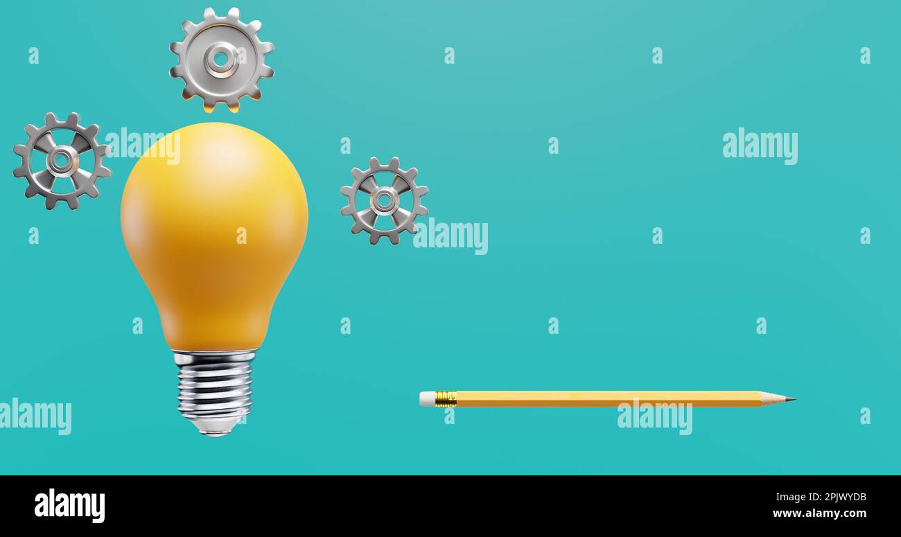 Light bulb gears pencil. Ideas solution innovation brainstorming. 3d rendering Stock Photo - Alamy