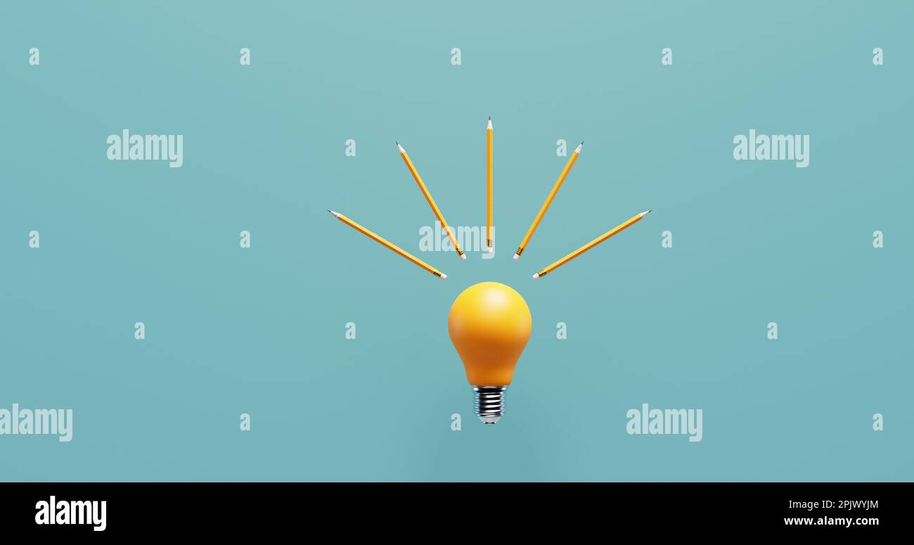 Light bulb and pencils. Creative thinking ideas brainstorming progress innovation.3d rendering ...