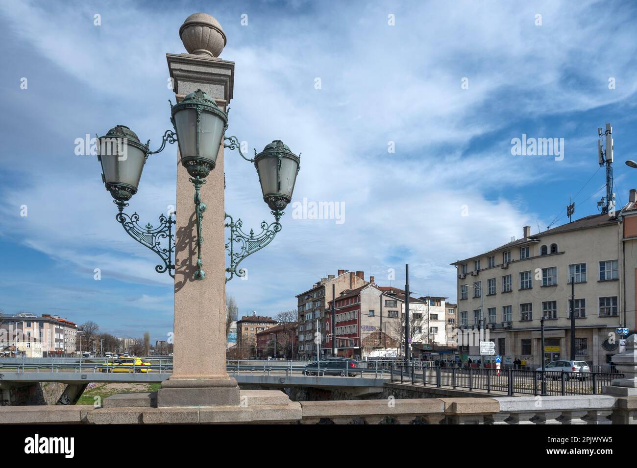 SOFIA, BULGARIA - MARCH 31, 2023: Panorama of Lion's Bridge over Vladaya river in city of Sofia ...