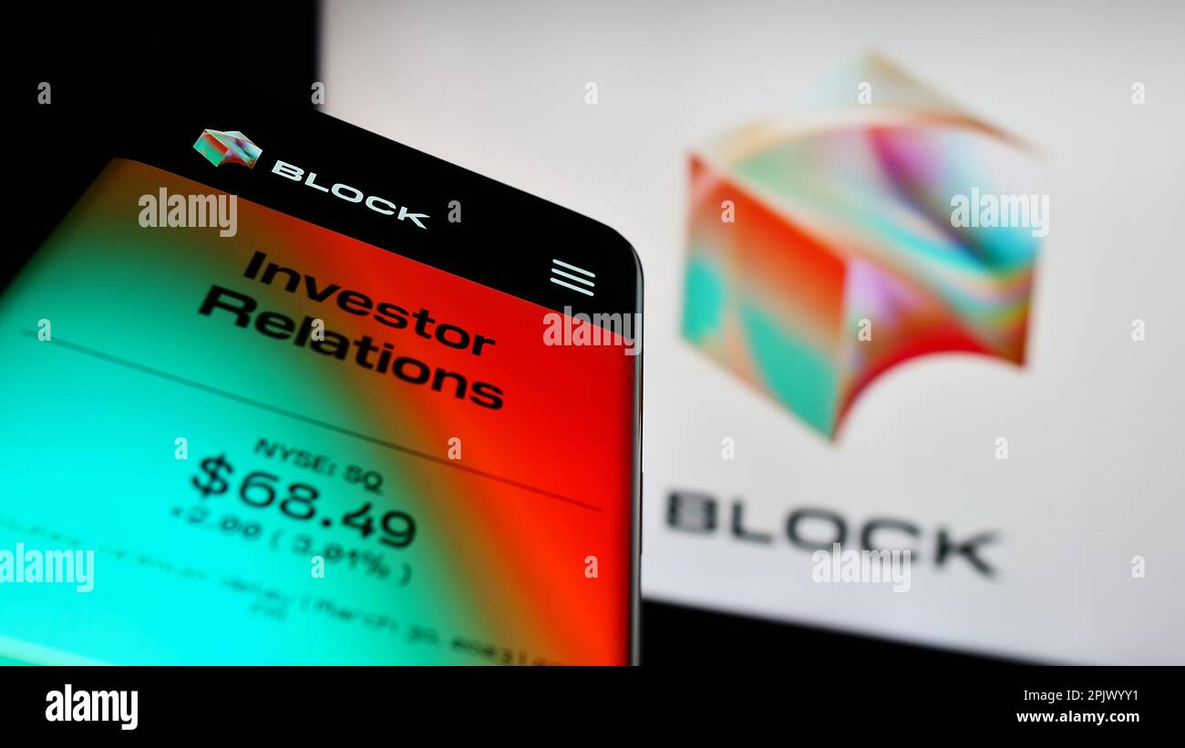 Mobile phone with website of technology company Block Inc. on screen in ...