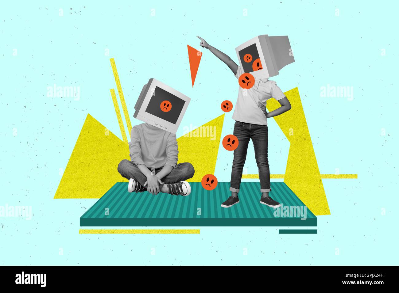 Creative collage picture of twp black white colors people pc display ...