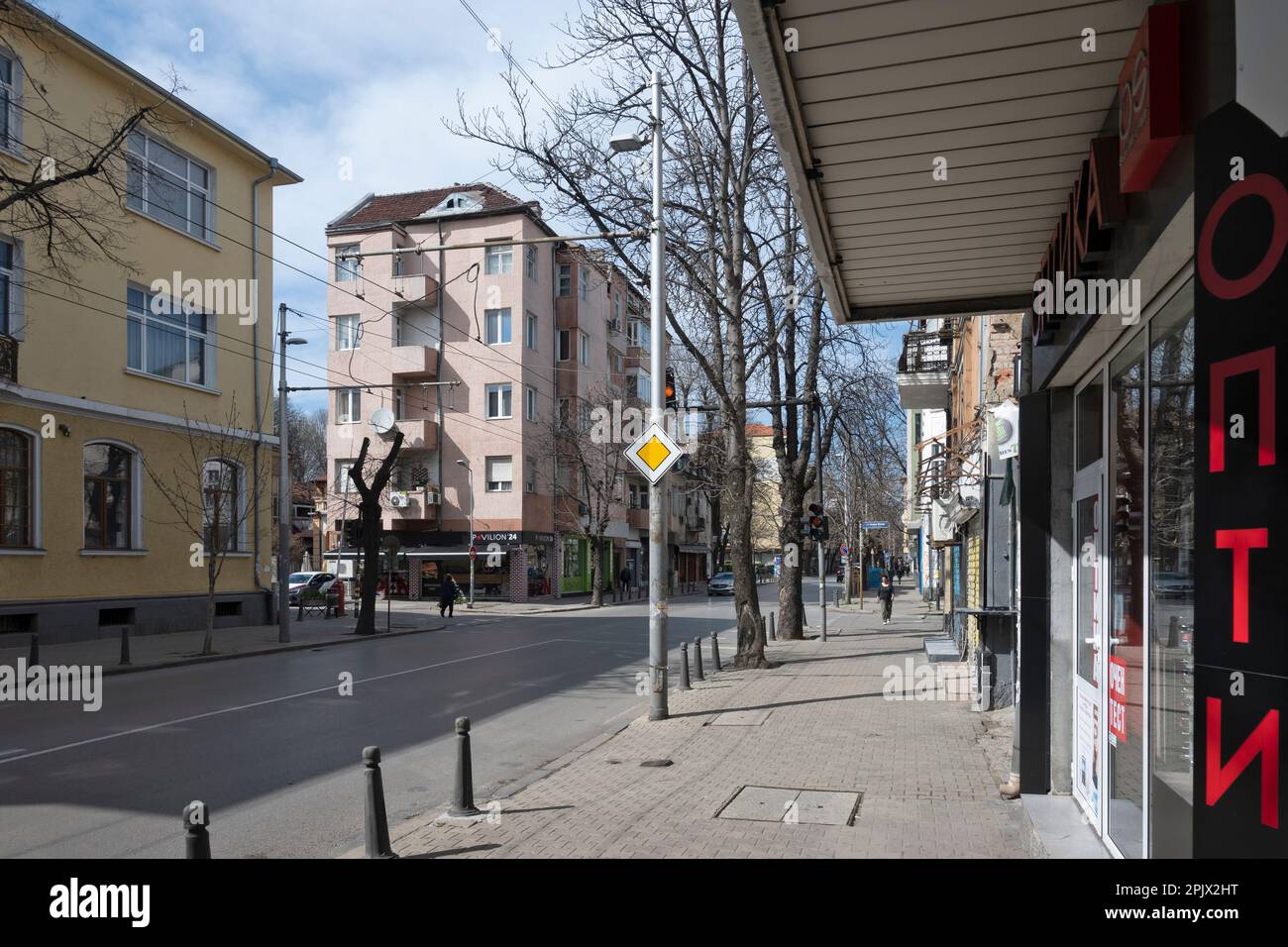 SOFIA, BULGARIA - MARCH 31, 2023: Panoramic view of Rakovski street in city of Sofia, Bulgaria ...