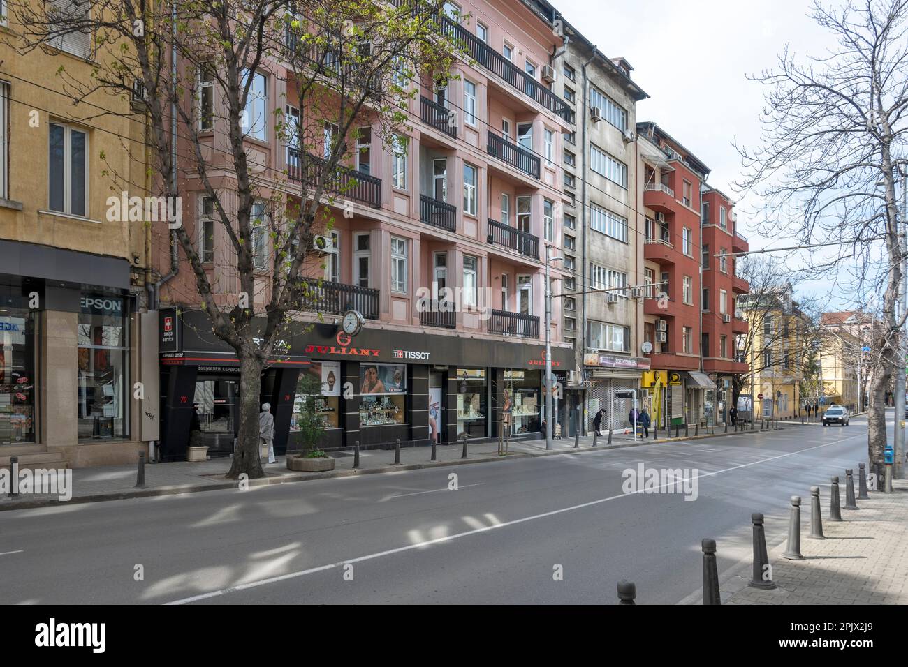 SOFIA, BULGARIA - MARCH 31, 2023: Panoramic view of Rakovski street in city of Sofia, Bulgaria ...