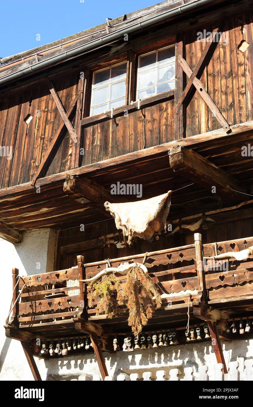 Barn with goats in the village of Guarda, Engadin, Switzerland Stock ...