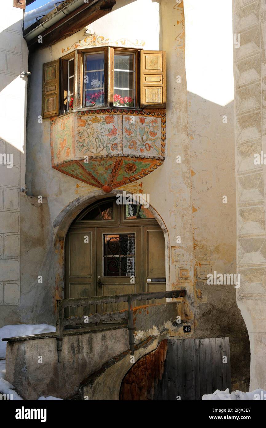 Traditional house in the village of Guarda, Engadin, Switzerland Stock ...