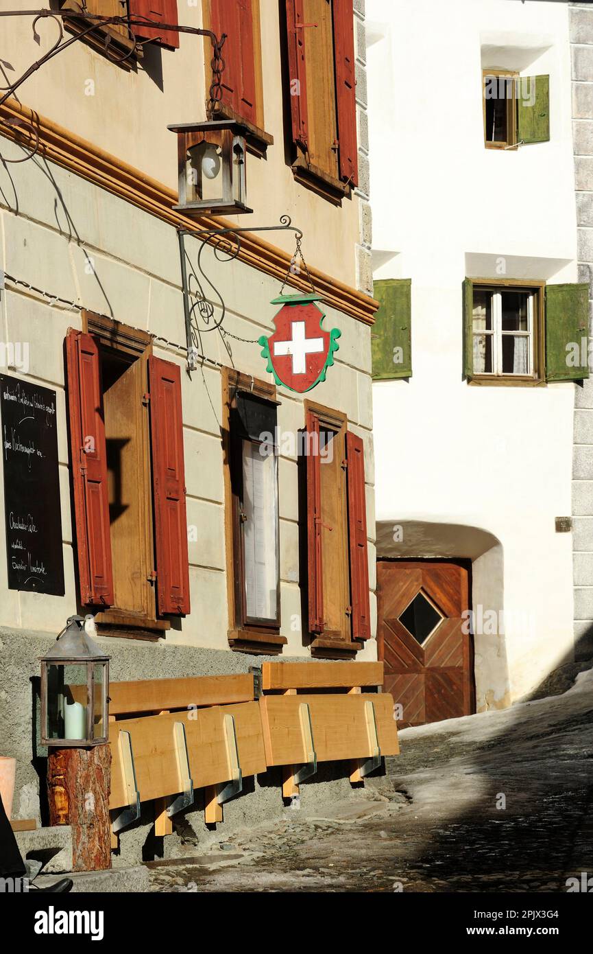 Traditional house in the village of Guarda, Engadin, Switzerland Stock ...