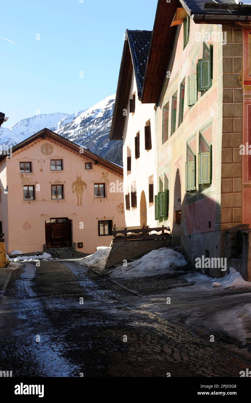 Traditional house in the village of Guarda, Engadin, Switzerland Stock ...