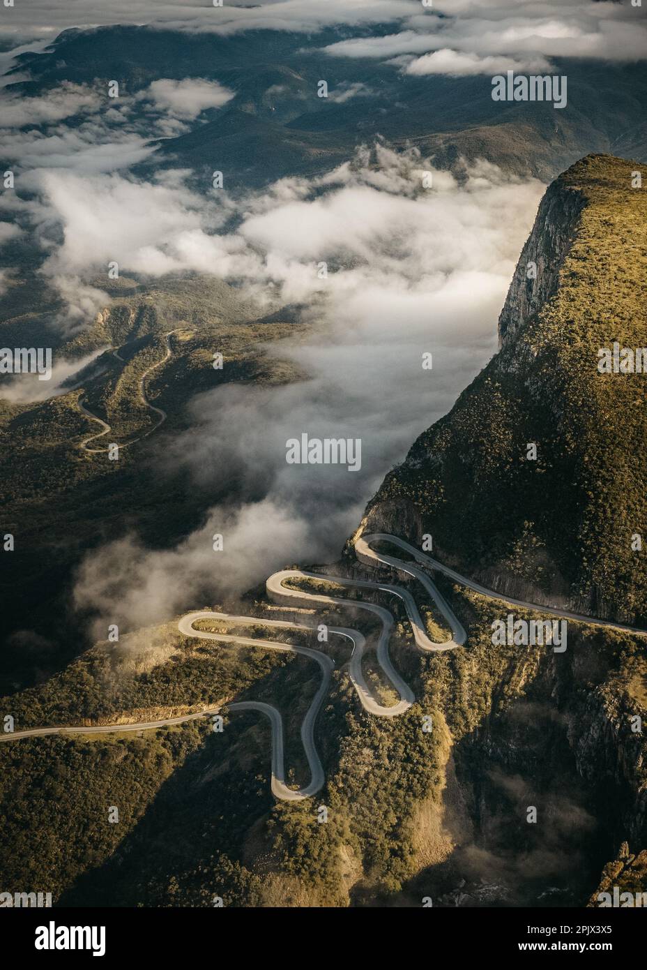 An aerial view of Serra da Leba road winding through a mountainous ...