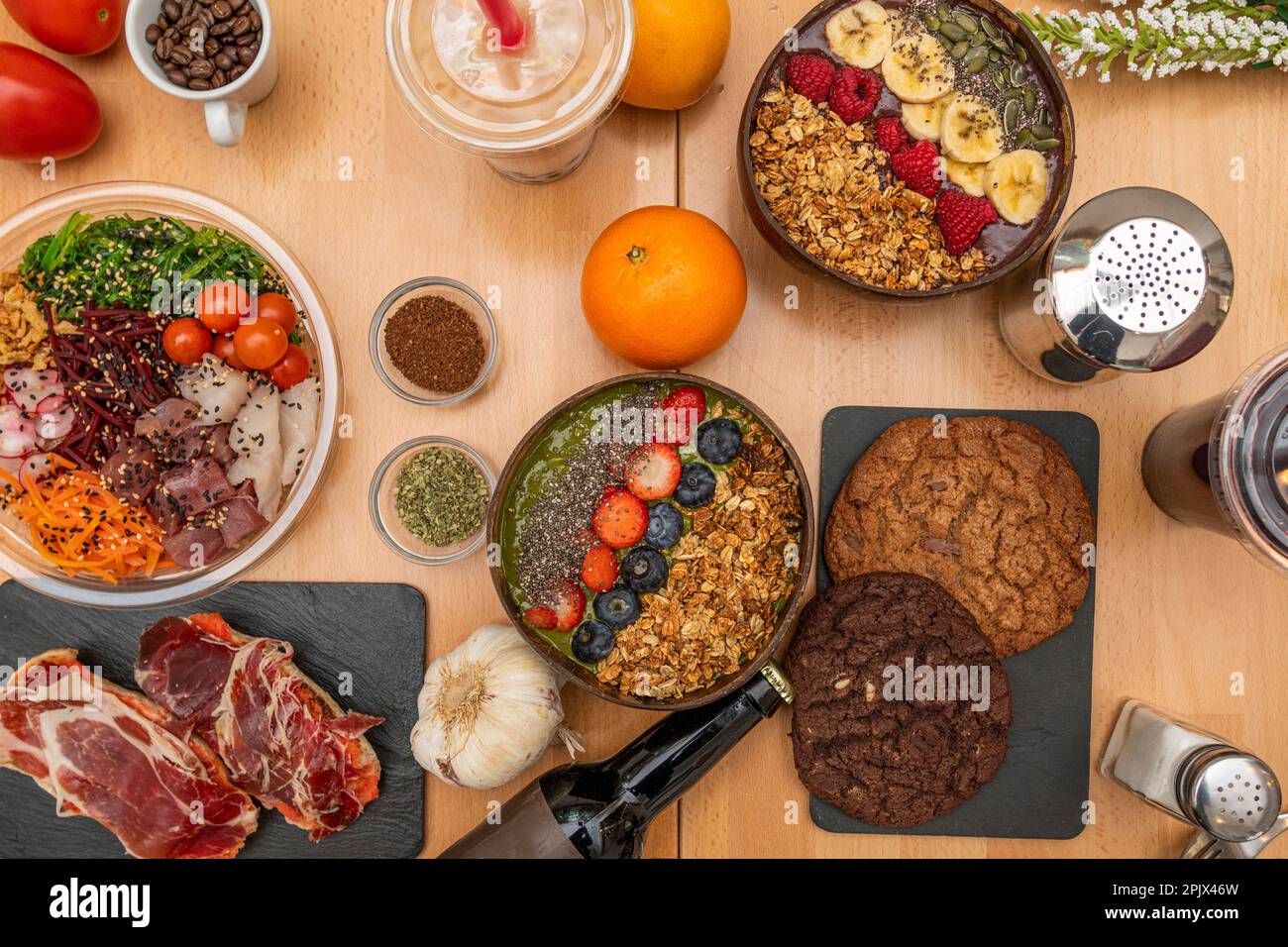 healthy food dishes and breakfasts with an acai bowl, fruit bowl, a ...