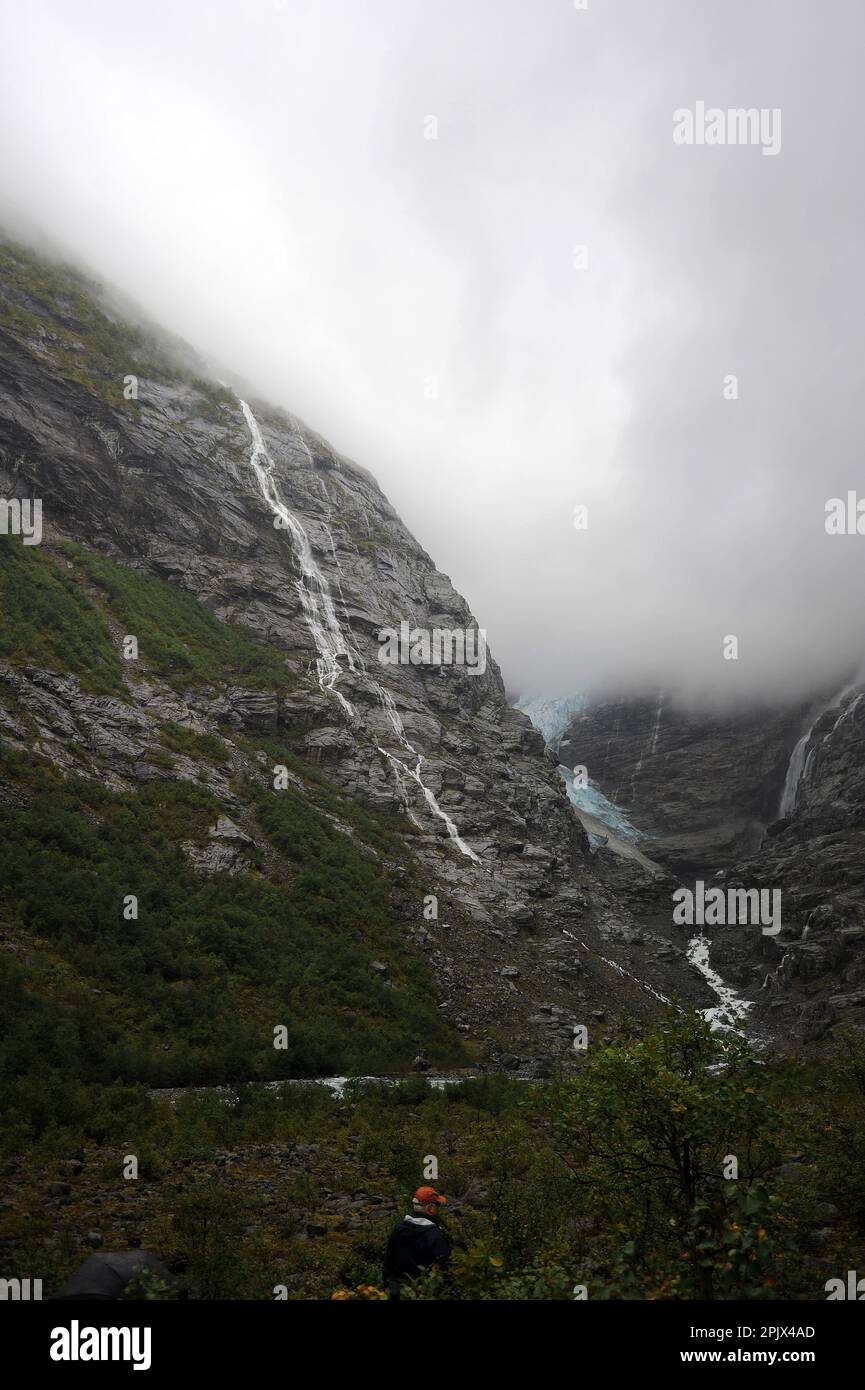 Waterfalls and Kjenndalsbreen Glacier Stock Photo - Alamy