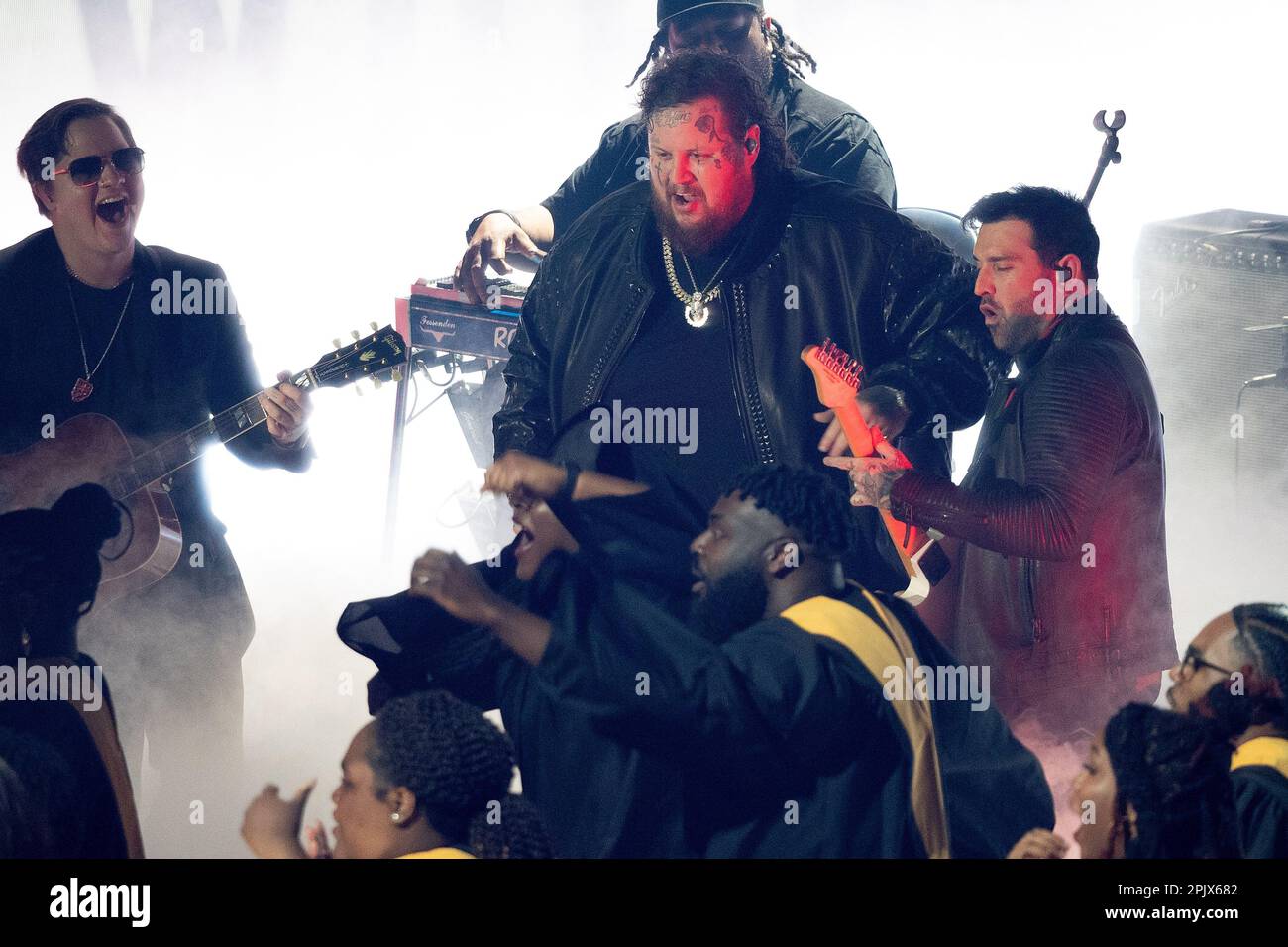 Jelly Roll performs during the 2023 CMT Music Awards at Moody Center on ...