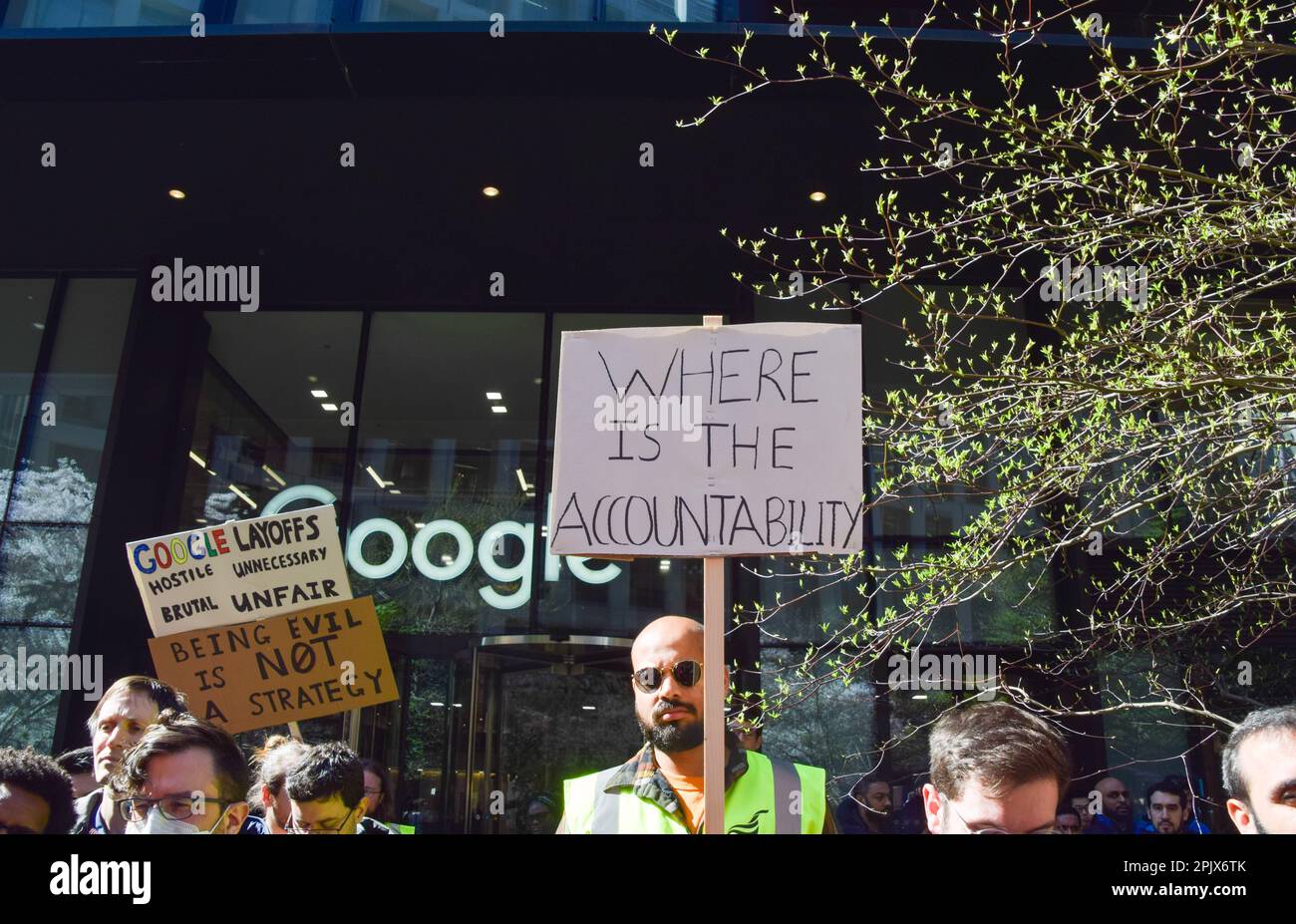 London, UK. 4th April 2023. Google workers gathered for a protest ...