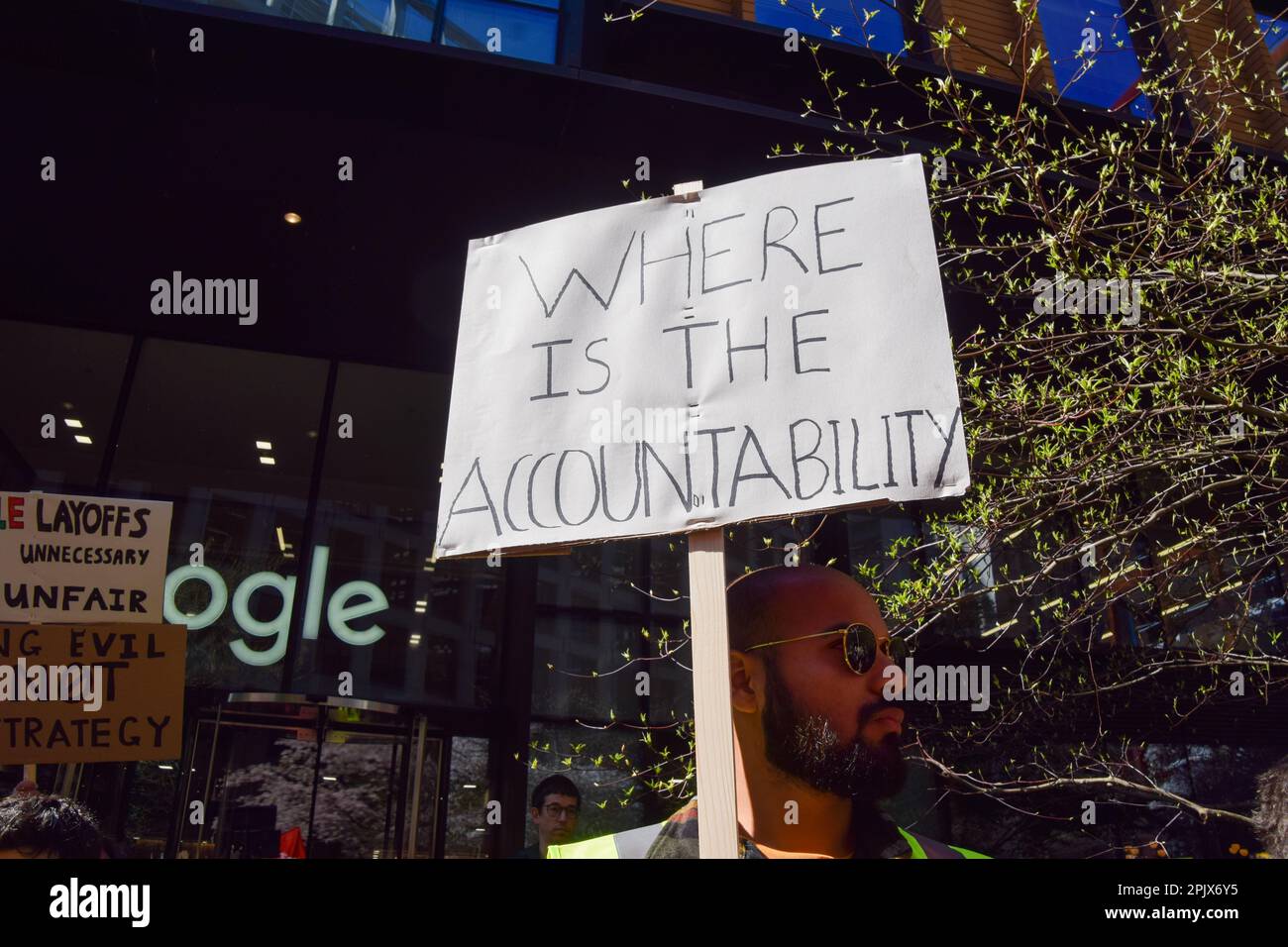 London, UK. 4th April 2023. Google workers gathered for a protest ...