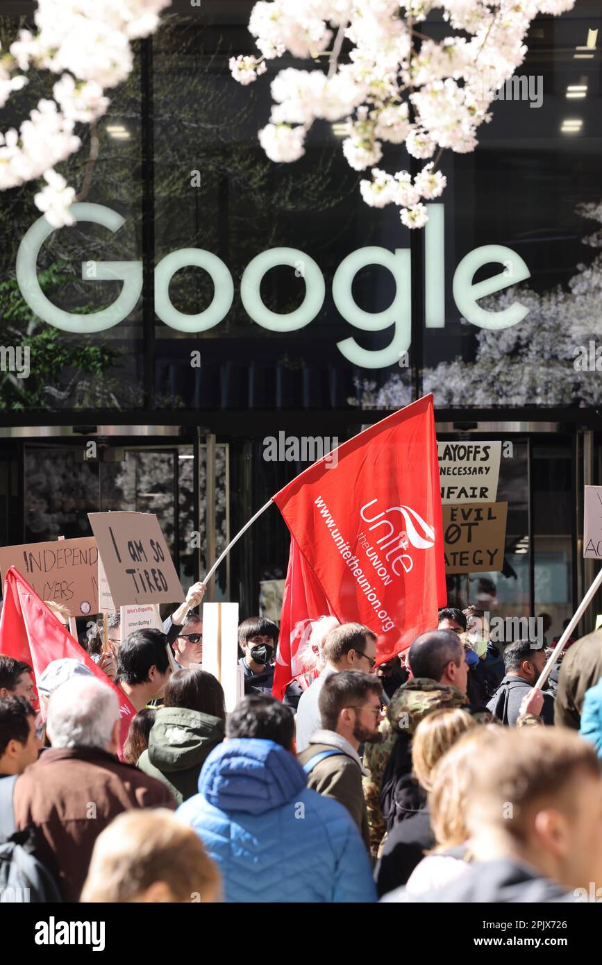 London, UK, 4th April 2023. Google workers staged a demonstration ...