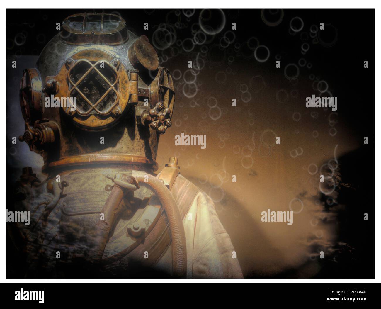 An historic dive helmet underwater with bubbles Stock Photo - Alamy