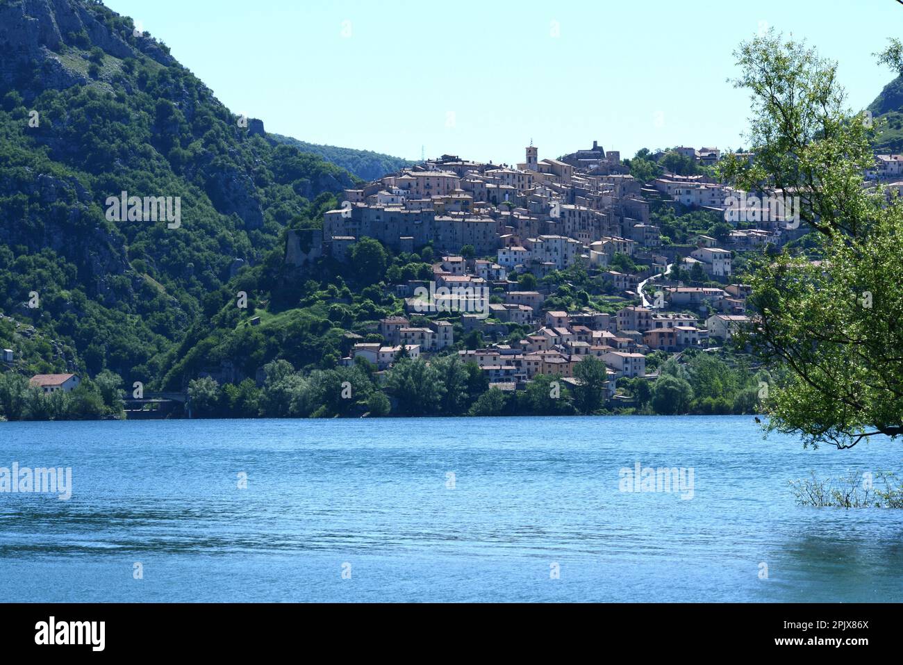 The village of Barrea on Lake Barrea fed by the Sangro river in the ...
