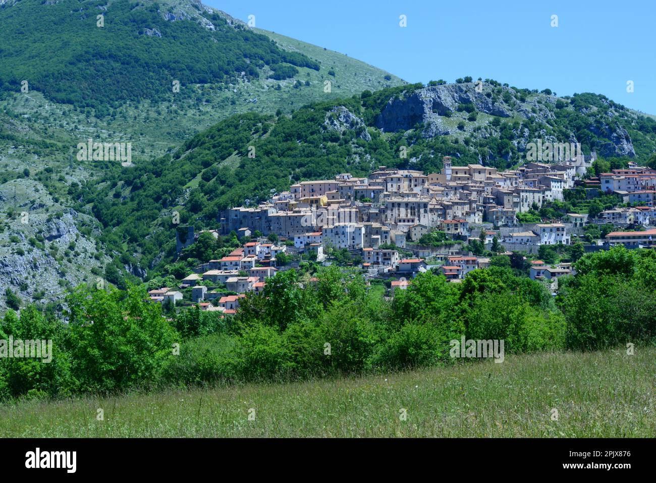 The village of Barrea on Lake Barrea fed by the Sangro river in the ...