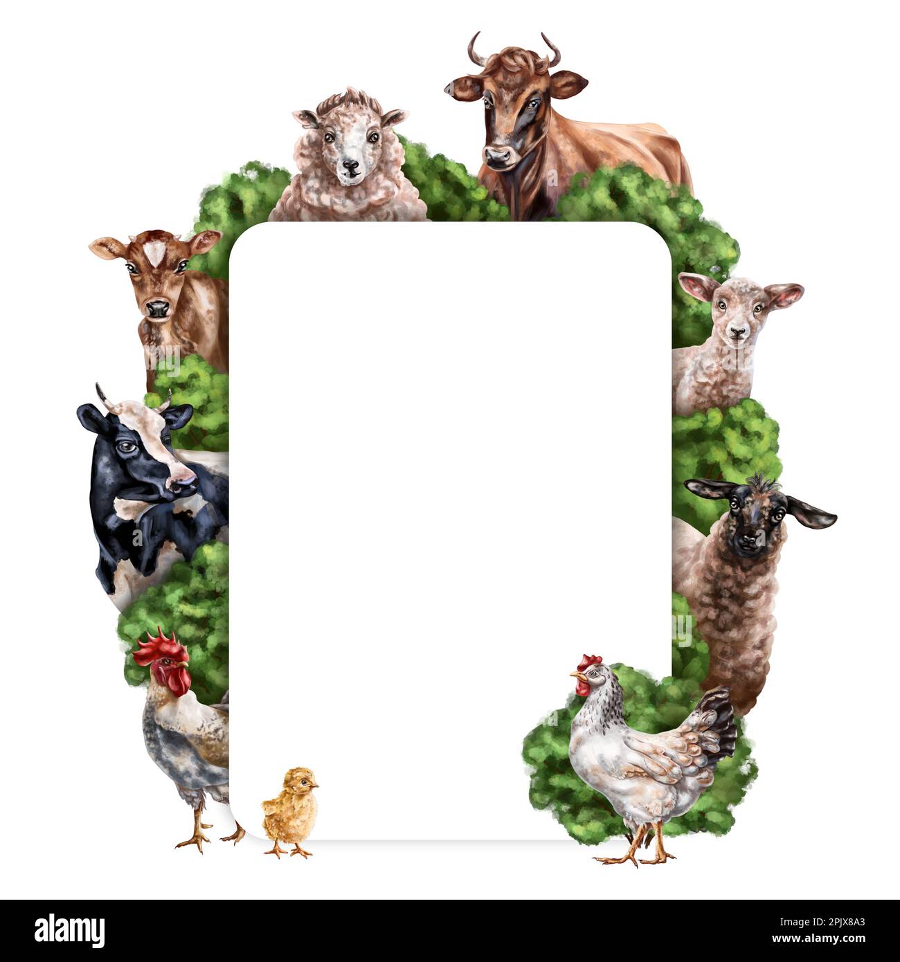 Farm composition frame of chickens, cows and sheep among the bushes ...