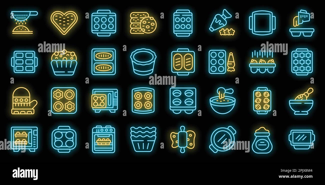 Bakeware icons set outline vector. Mould silicon. Baking cook neon ...