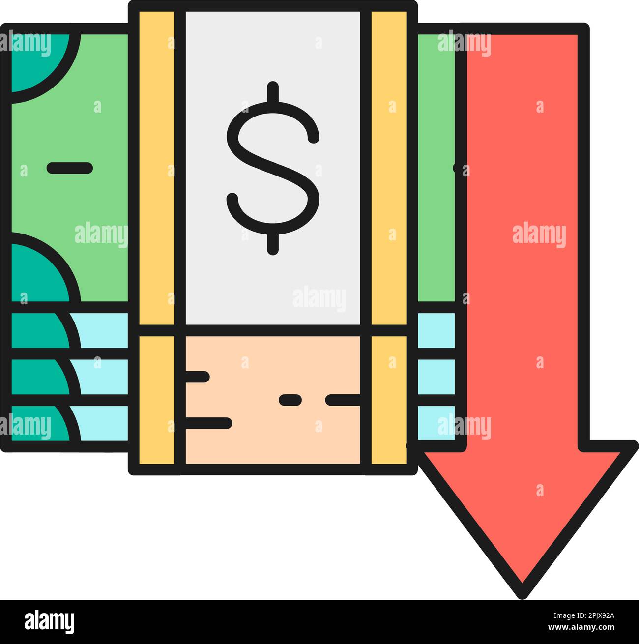 Pile of money banknotes with down arrow, money interest rate reduction ...