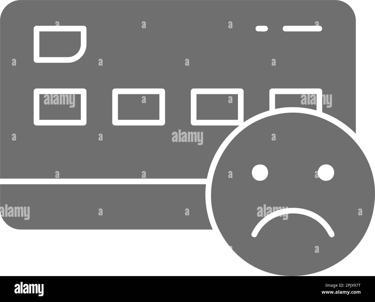 Credit card with sad face, bankruptcy, dislike, negative feedback grey ...