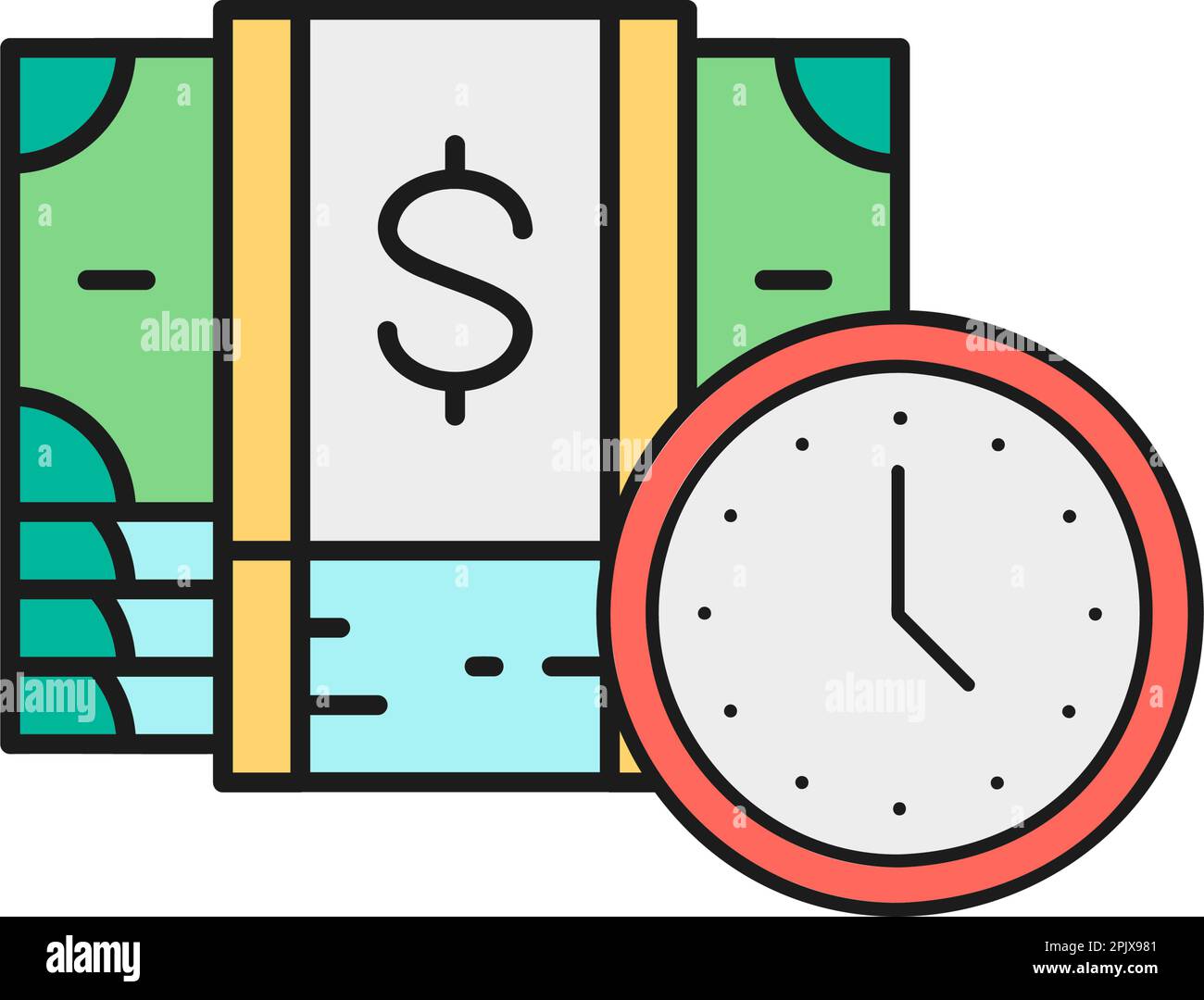 Pile of banknotes with clock, easy instant credit, loan payment, fast ...