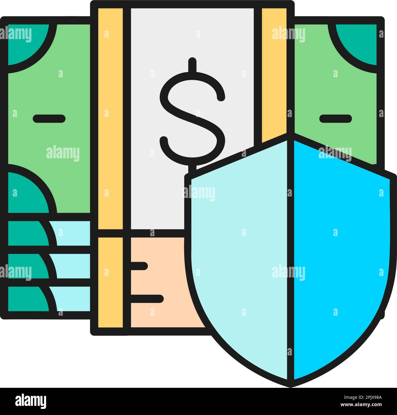 Shield with pile of money banknotes, money safety, insurance ...