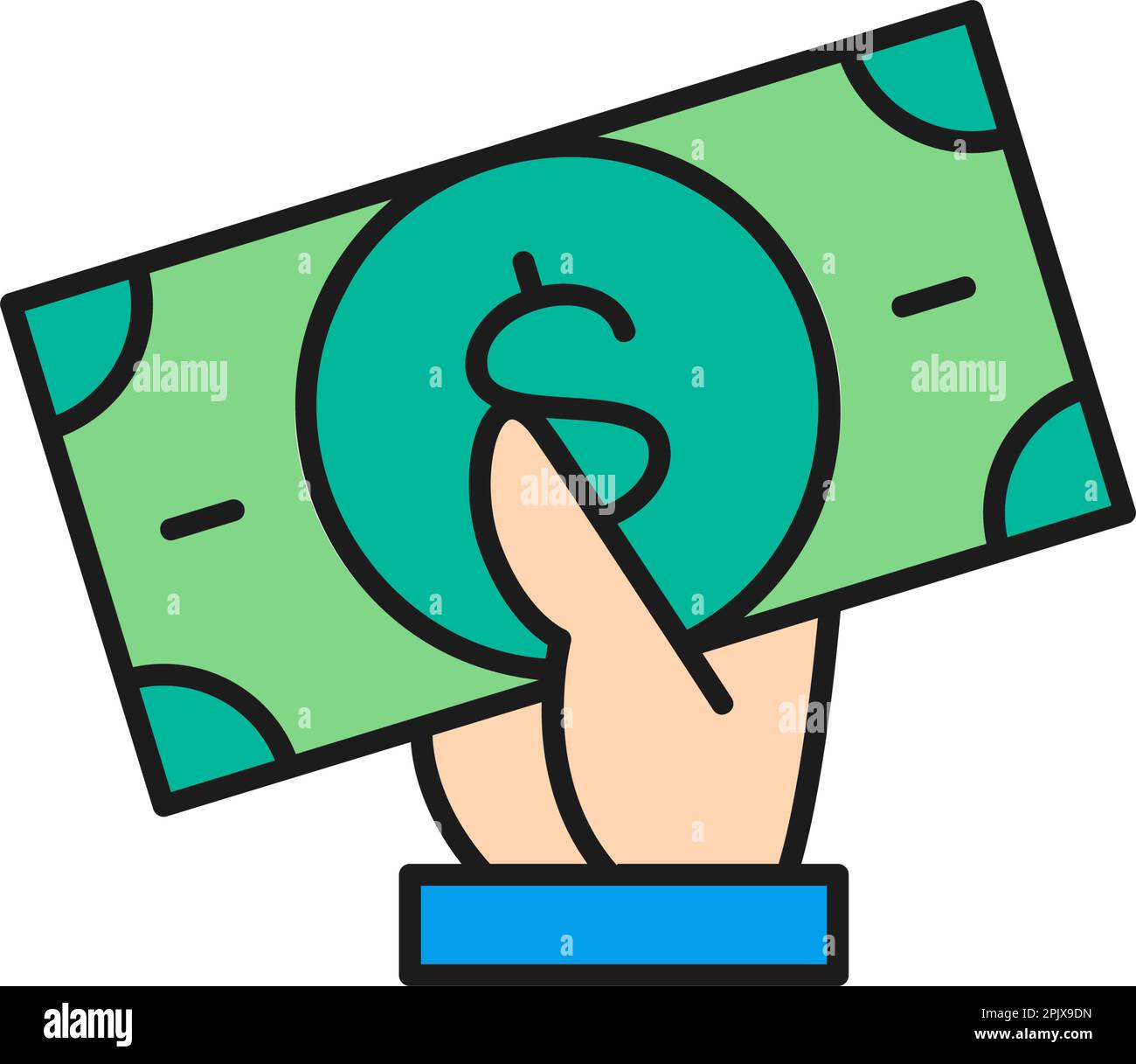 Hand holding dollar banknote, cash payment color lineal icon. Cash ...