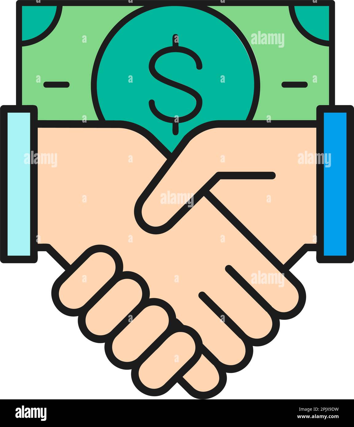 Dollar banknote with handshake, partnership color lineal icon. Cash ...