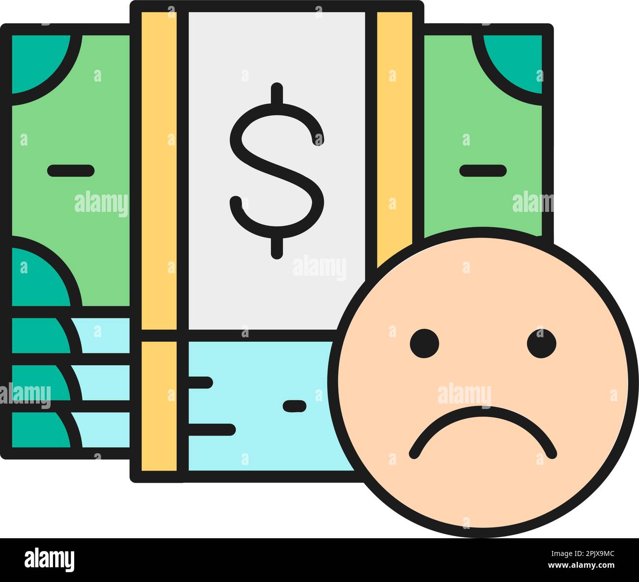 Dollar banknotes with sad face, bankruptcy color lineal icon. Cash ...
