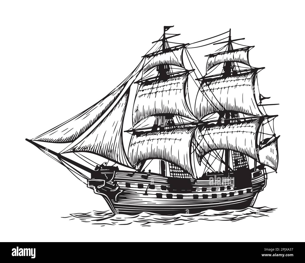 Ship frigate sailboat old sketch hand drawn illustration Stock Vector ...
