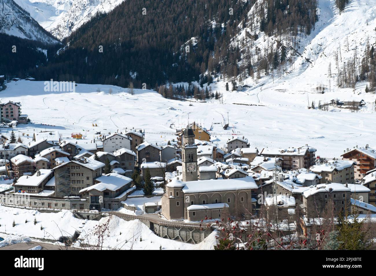 The town of Cogne at the foot of the Gran Paradiso group. Aosta valley ...