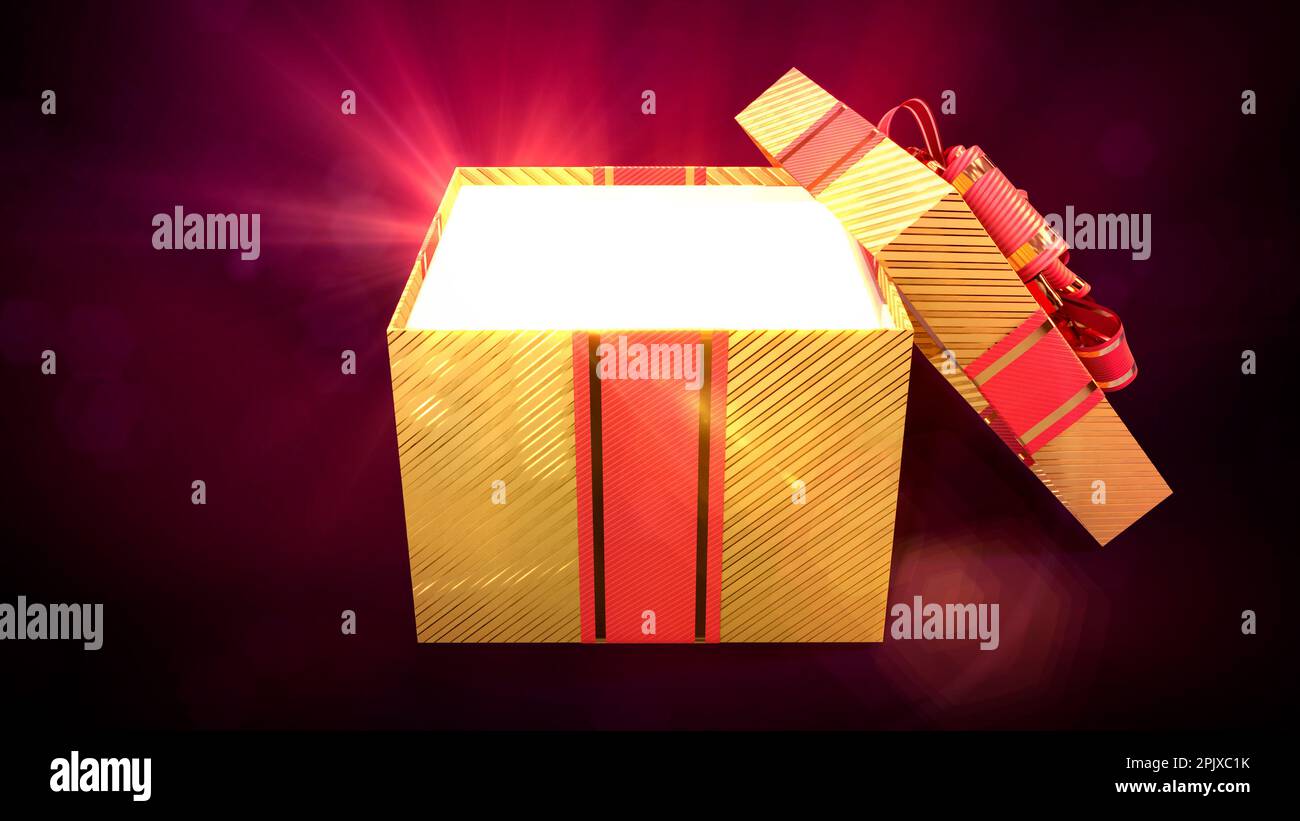 opened golden and red surprise gift box with light from inside - object ...