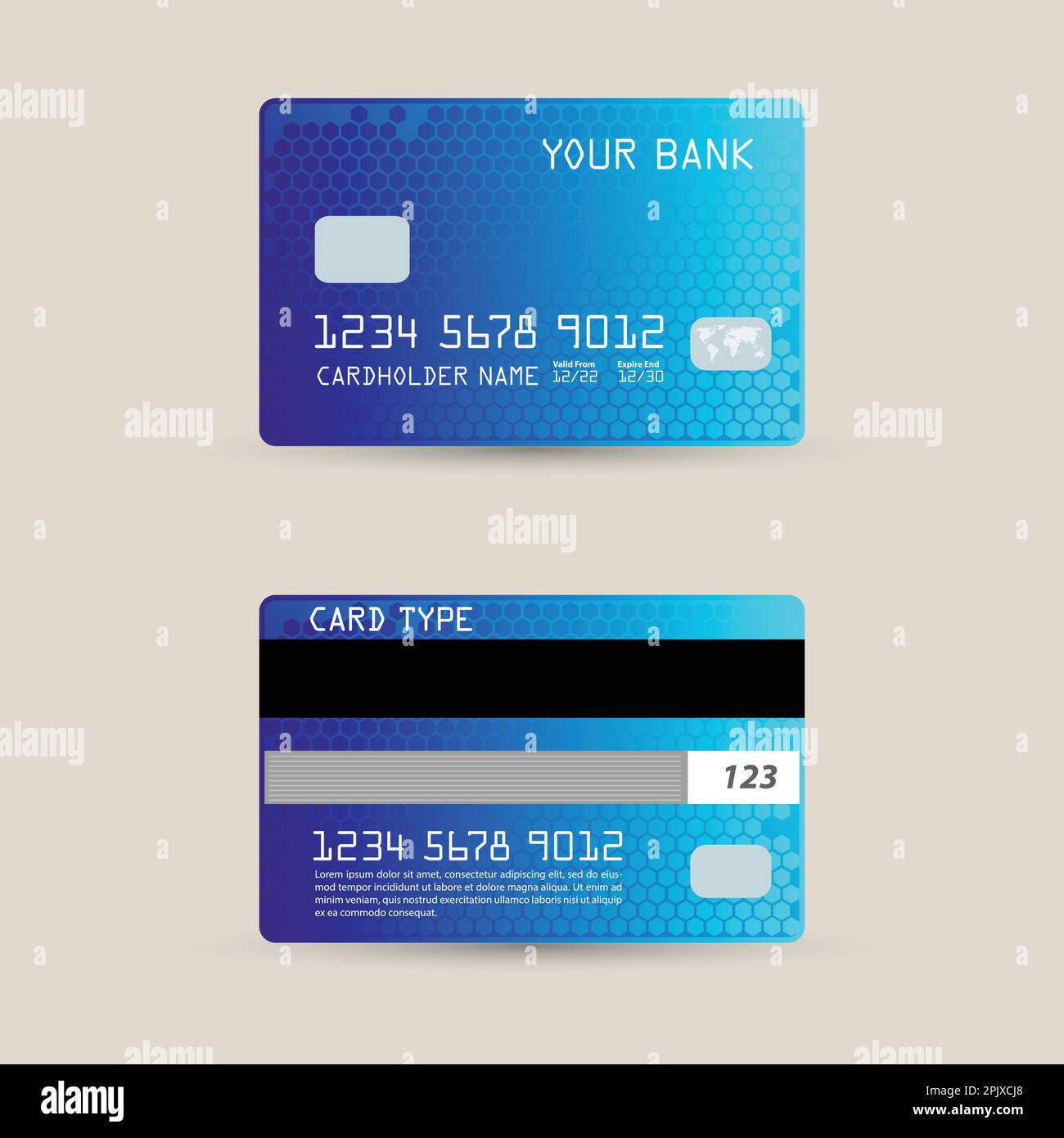 Set of Debit cards, Credit cards, and ATM cards. Front and back side ...