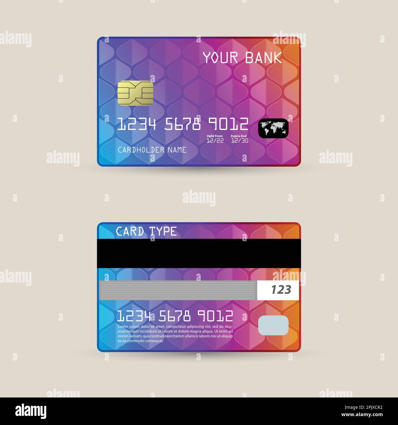Set of Debit cards, Credit cards, and ATM cards. Front and back side ...