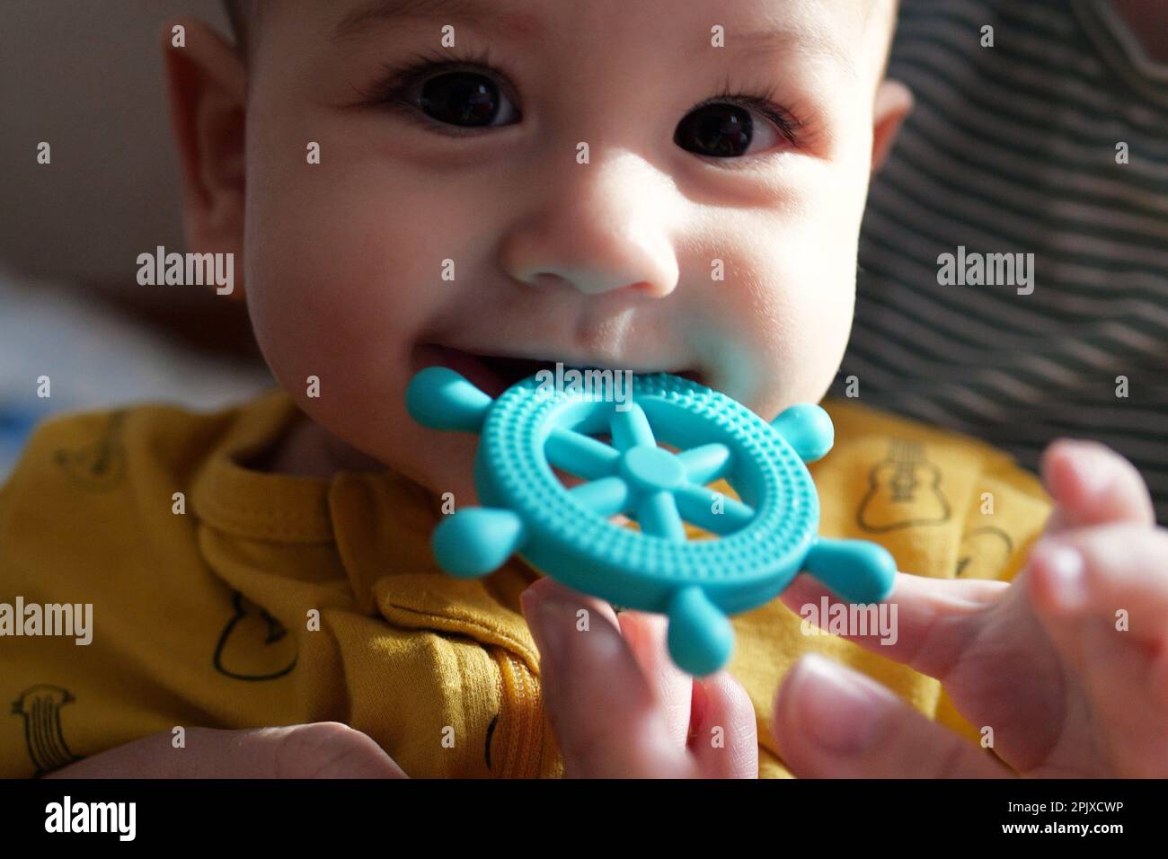 Cute adorable newborn baby playing with colorful rattle toy. baby with ...
