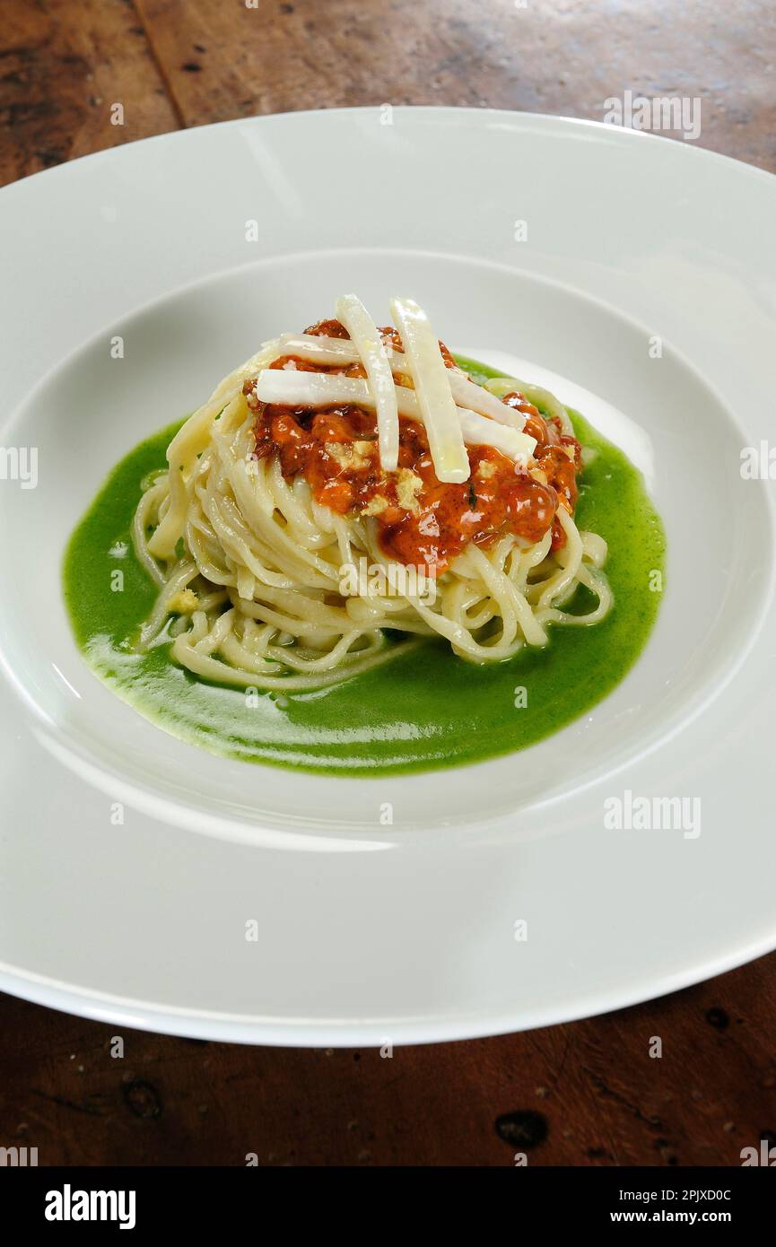 Spaghetti with sea ragout, cuttlefish sticks and basil sauce by Chef ...