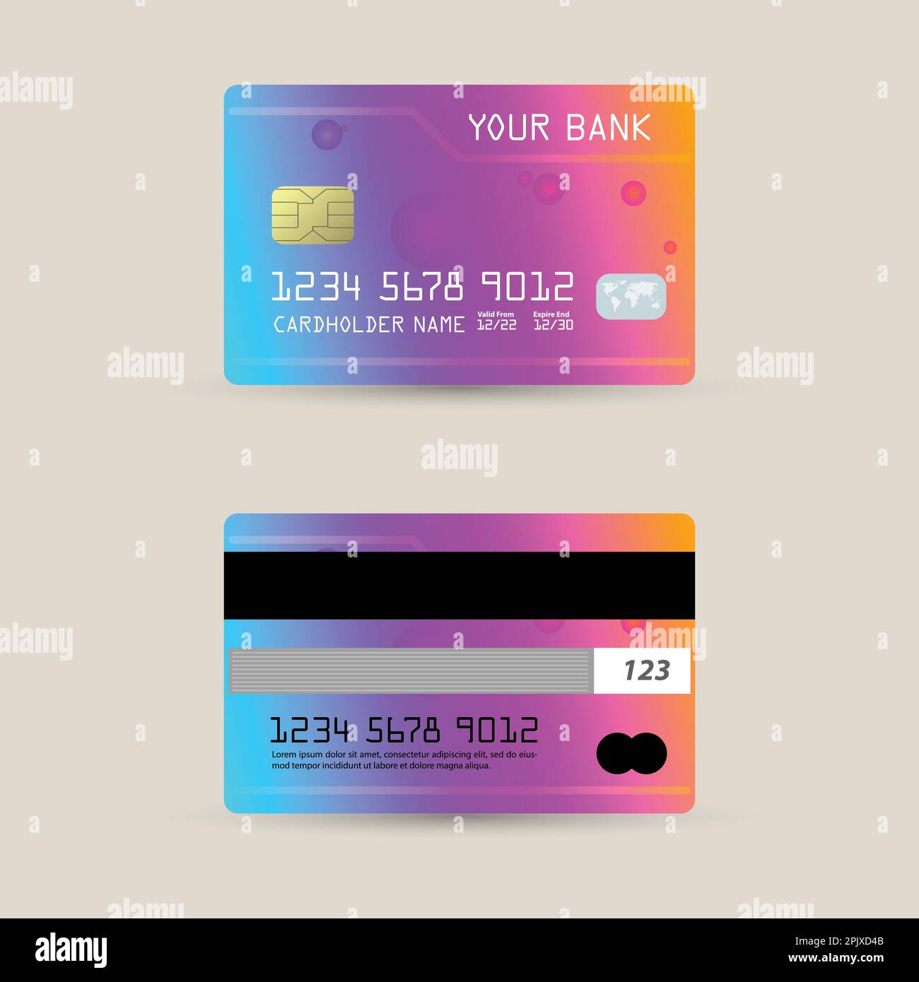 Set of Debit cards, Credit cards, and ATM cards. Front and back side ...