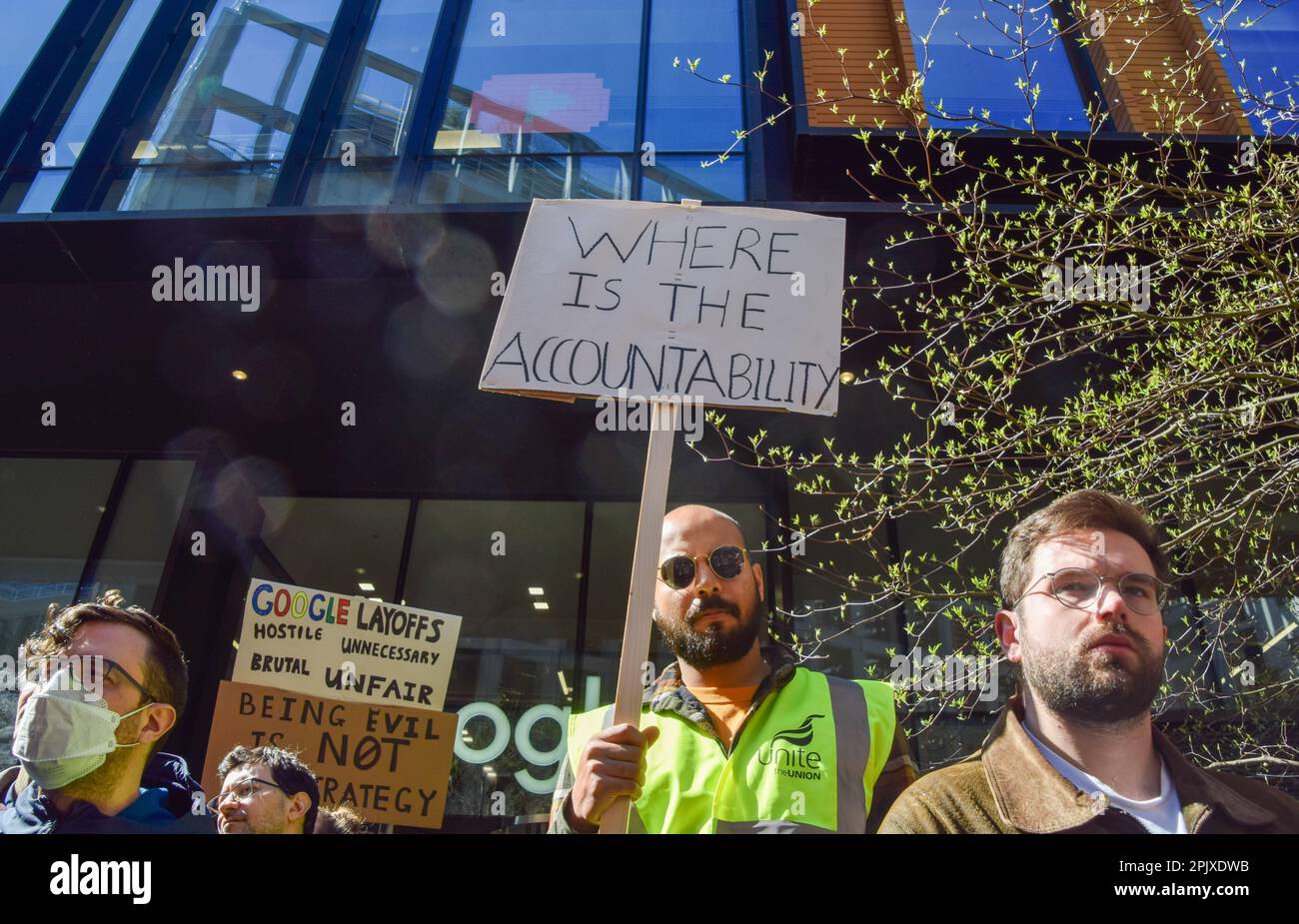 London, UK. 4th April 2023. Google workers gathered for a protest ...