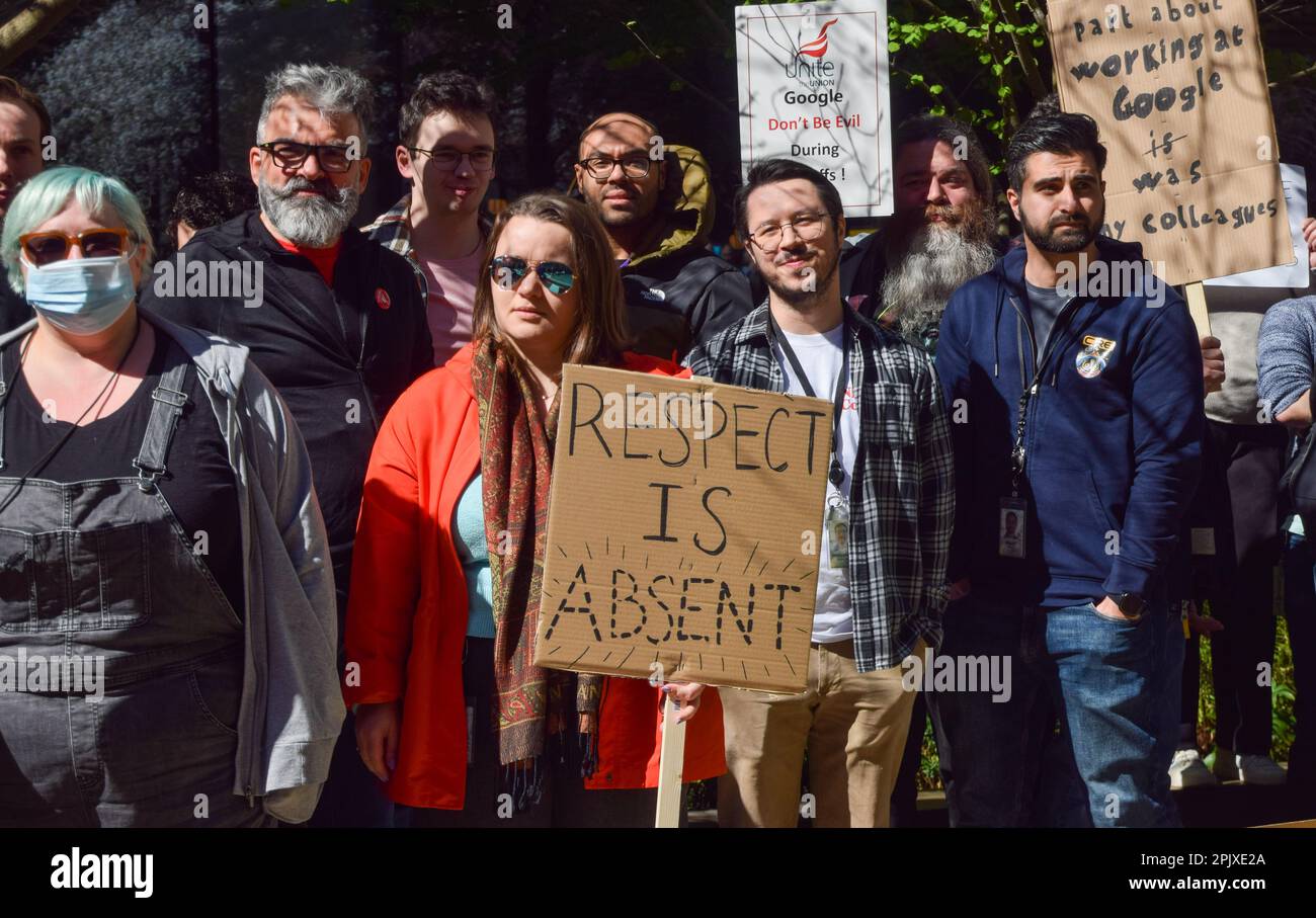 London, UK. 4th April 2023. Google workers gathered for a protest ...