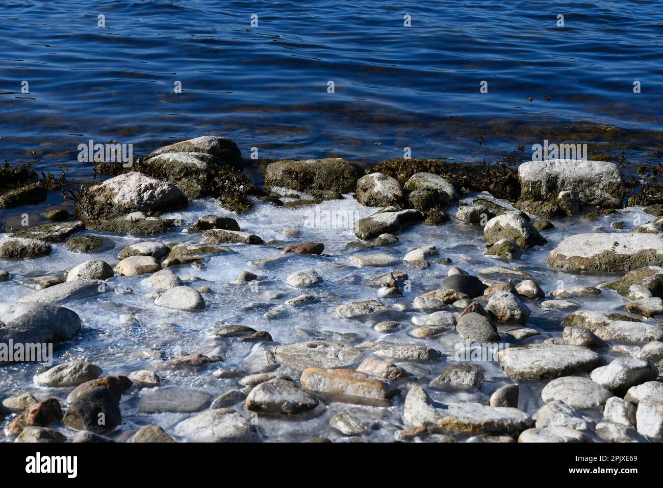 Ice and pebbles on the seashore Stock Photo - Alamy