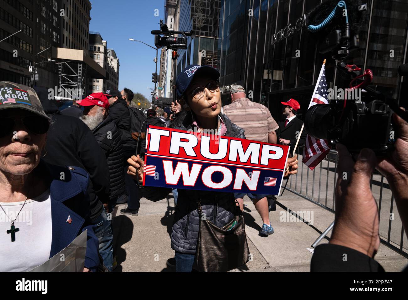 New York, New York, USA. 3rd Apr, 2023. Trump supporters gather outside ...