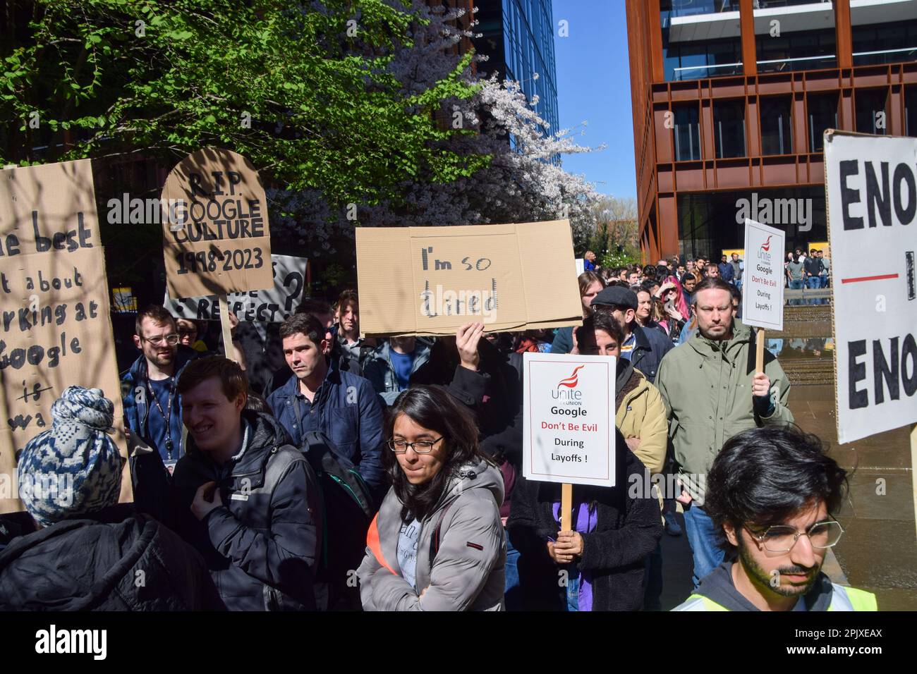 London, UK. 4th April 2023. Google workers gathered for a protest ...