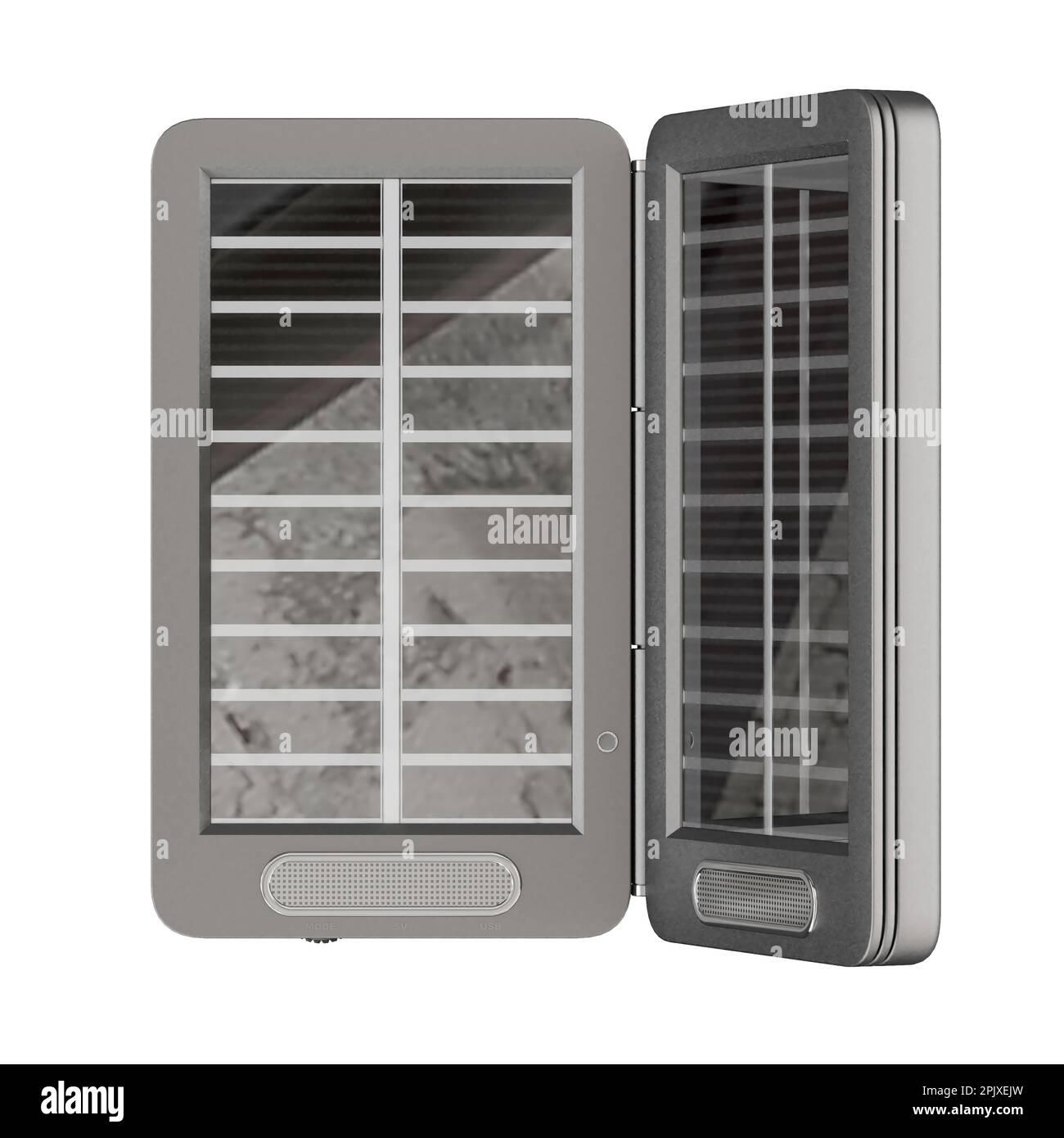 A realistic 3D render of modern gray foldable solar panels isolated on ...