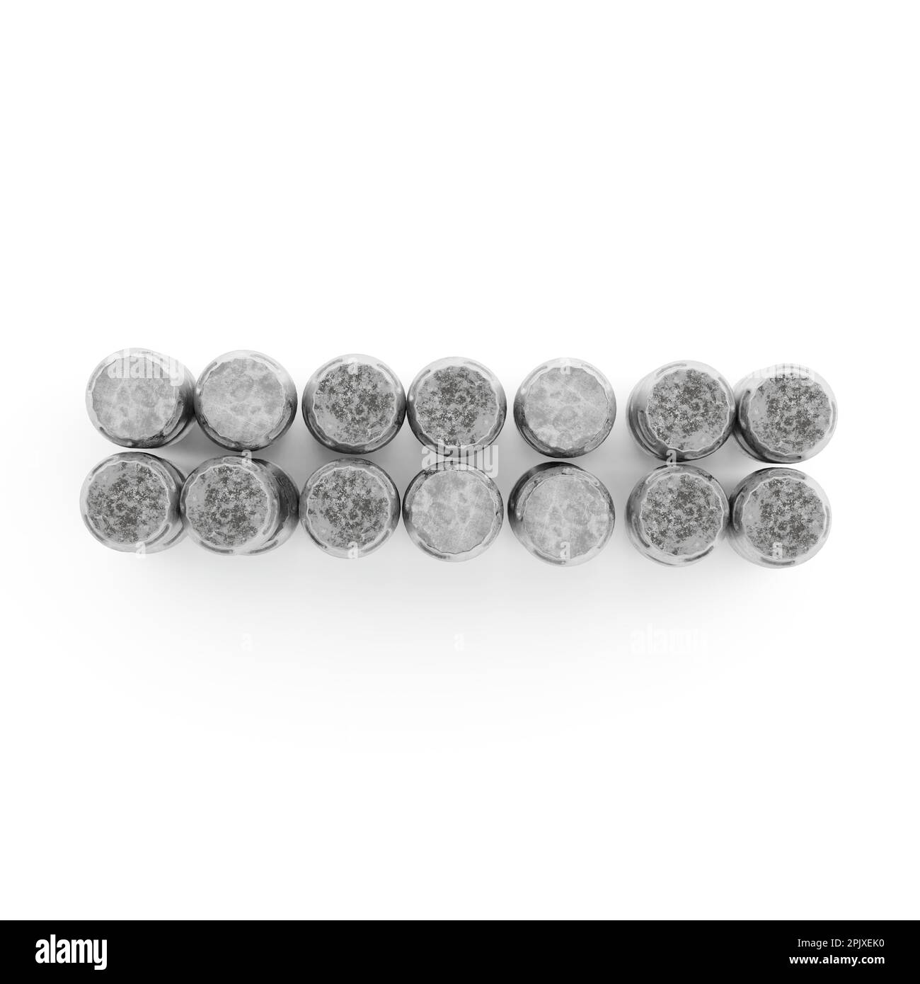 A 3D render of silver metal barrel containers isolated on a white ...