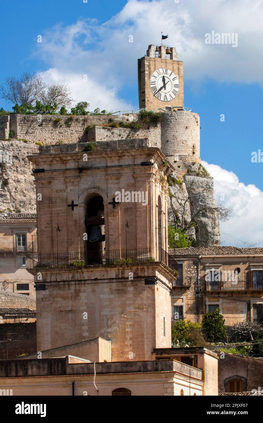view on the bell tower of the Cathedral of San Pietro and the Castello ...