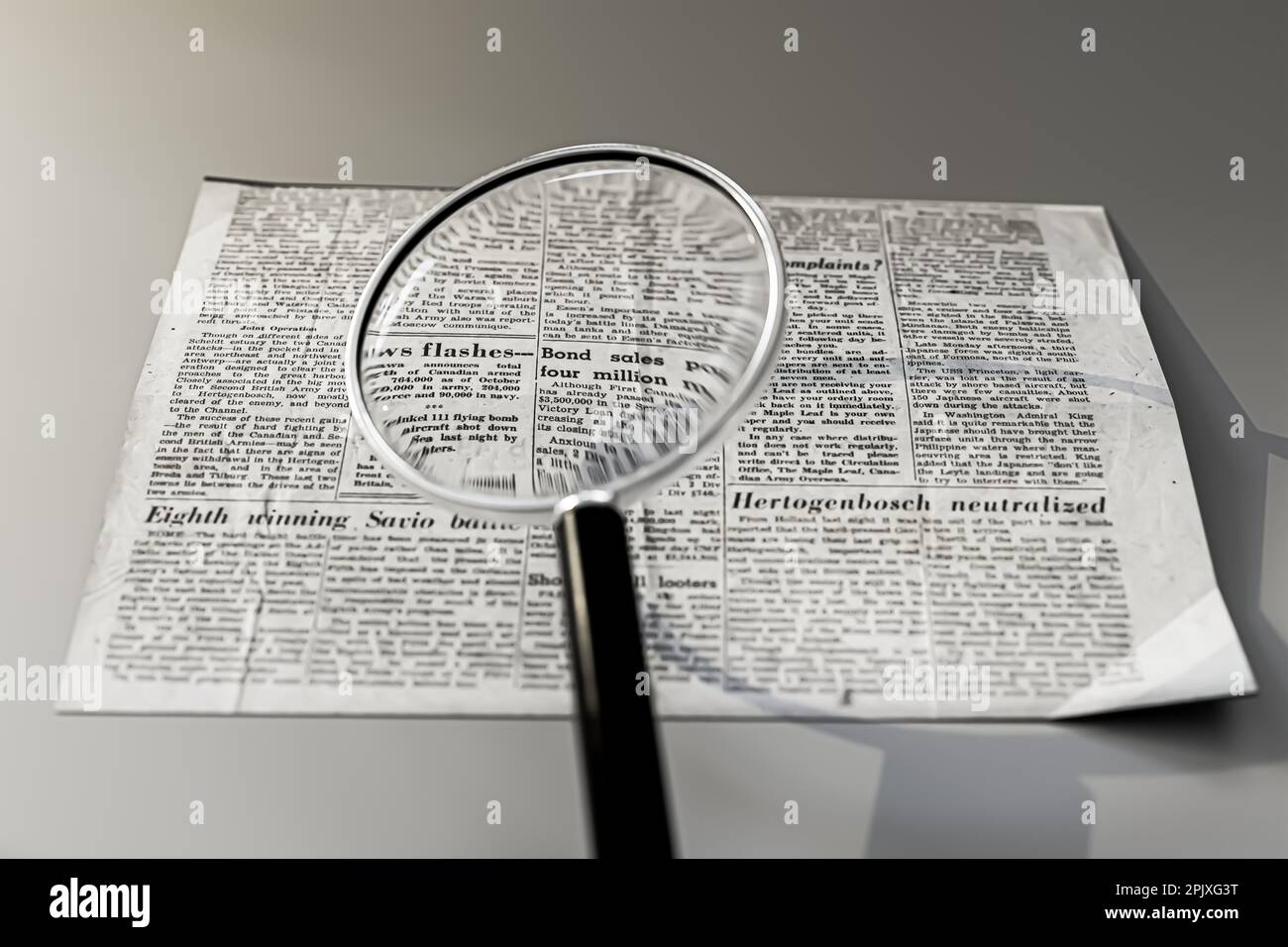 magnifier tool on a newspaper 3d illustration Stock Photo - Alamy