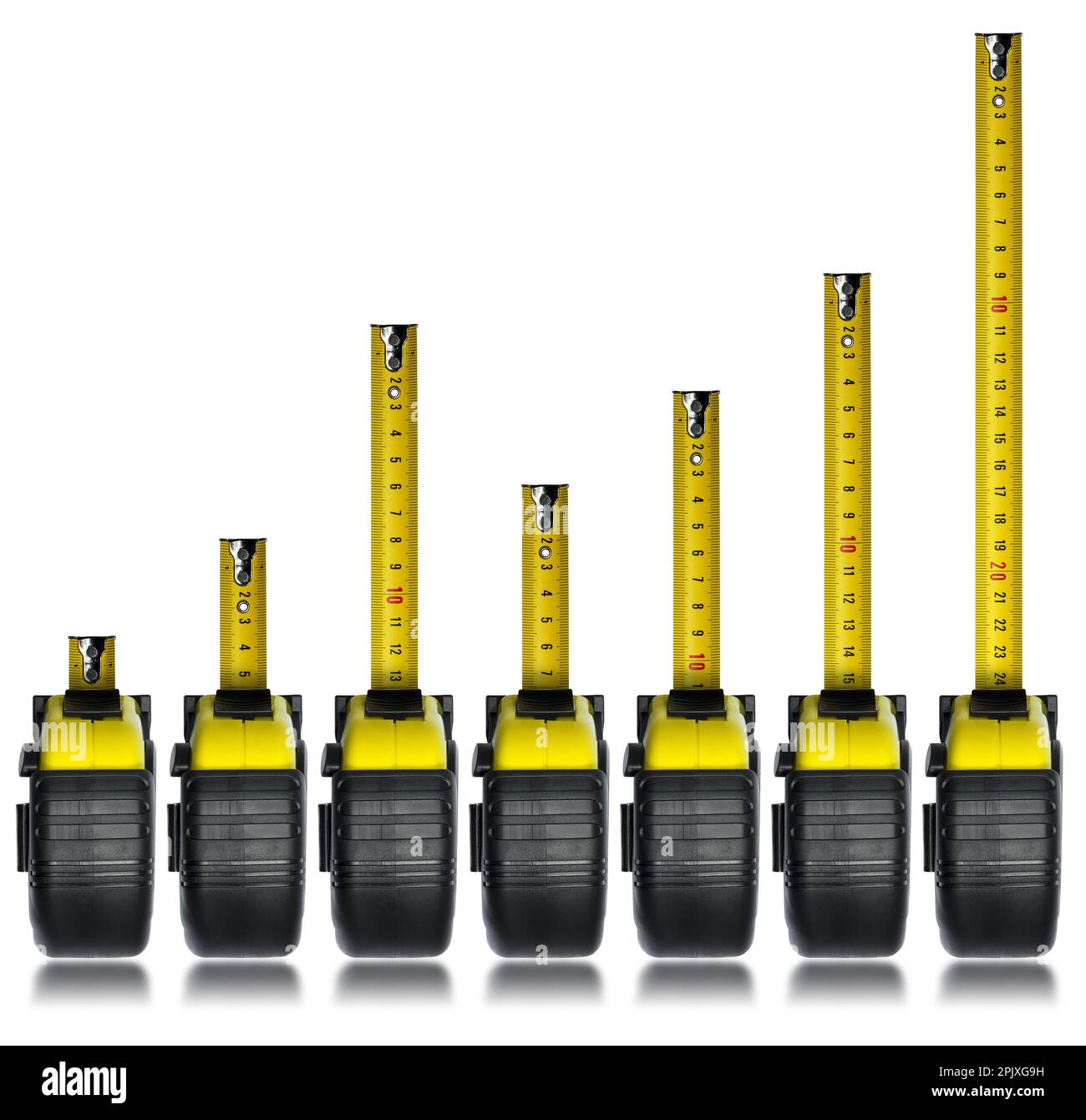 Group of seven tape measures forming a bar graph isolated on white ...
