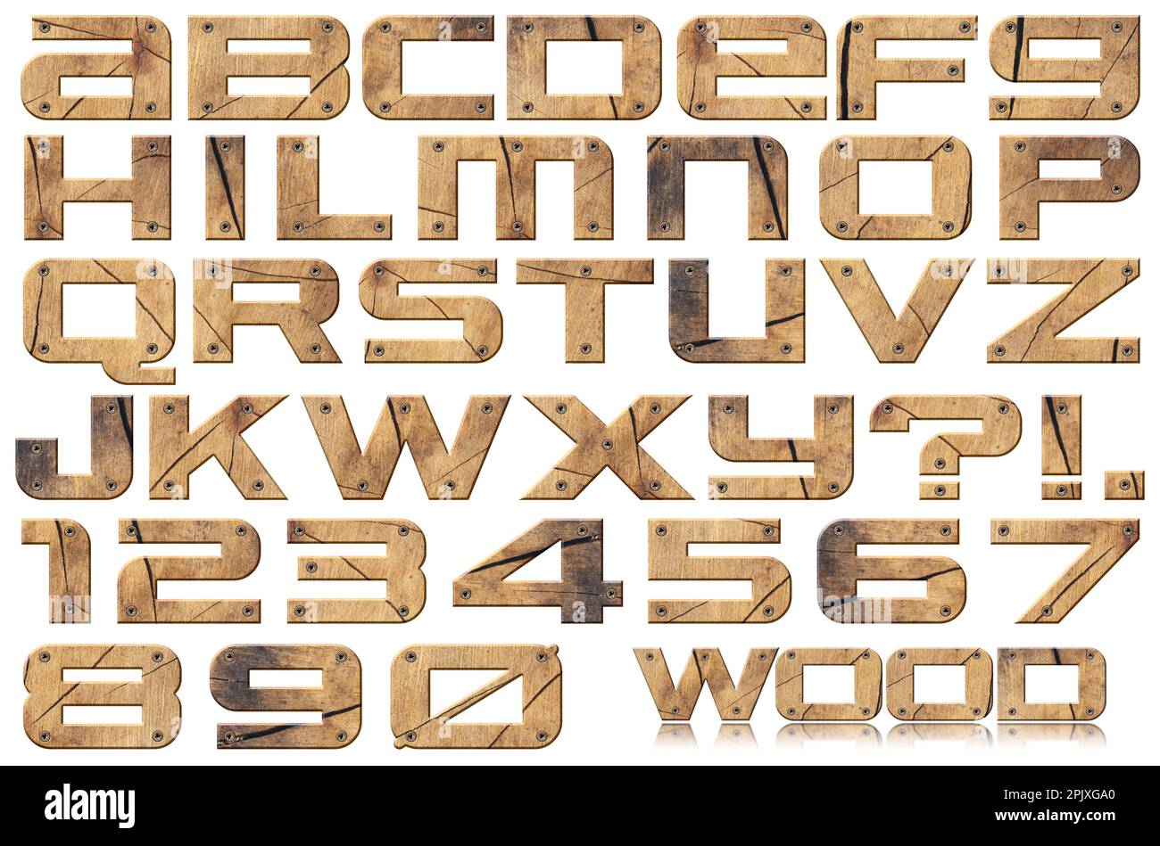 Wooden alphabet letters and numbers, with screws, isolated on white ...